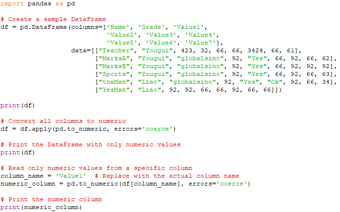 Read Columns with Numeric Values/Numbers Only in Dataframe