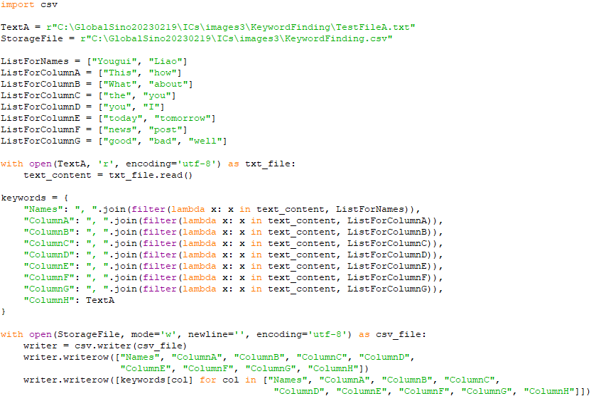 Put the keywords in a grouped strings into the first available cells in the corresponding ...